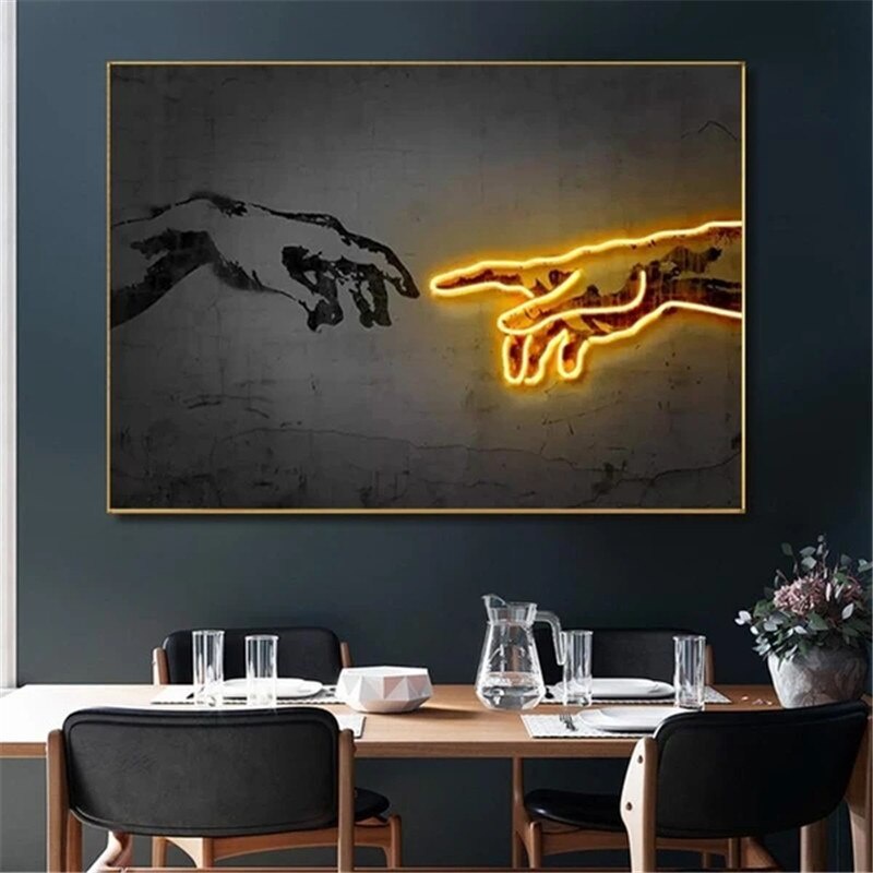 Wall Art Canvas Home Decor Creation of Adam Painting HD Print Neon ...