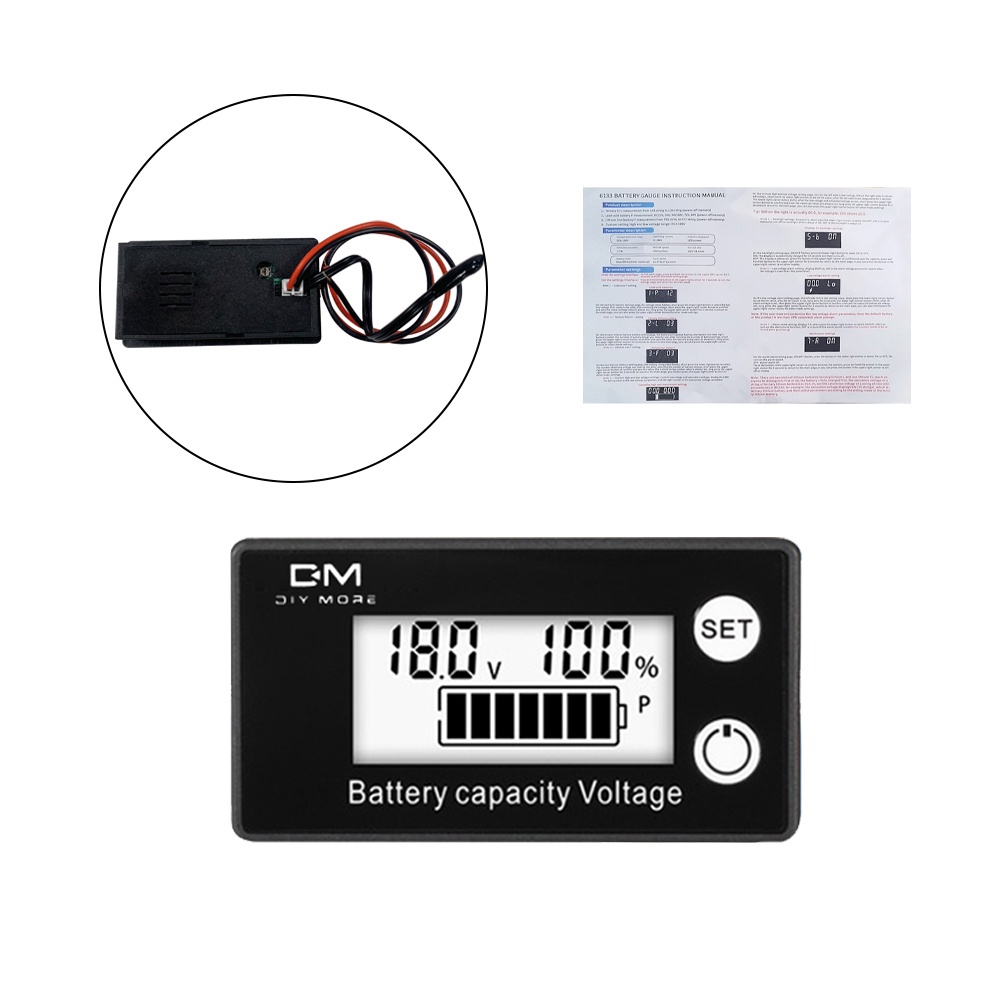 DIYMORE Battery Capacity Monitor 8 to 100v Battery Meter 12v 24v 48v ...