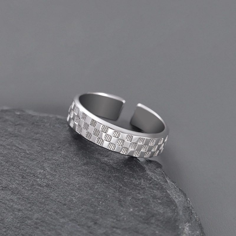 Silver Retro Checkerboard Ring Unique Opening Adjustable Men's Ring ...