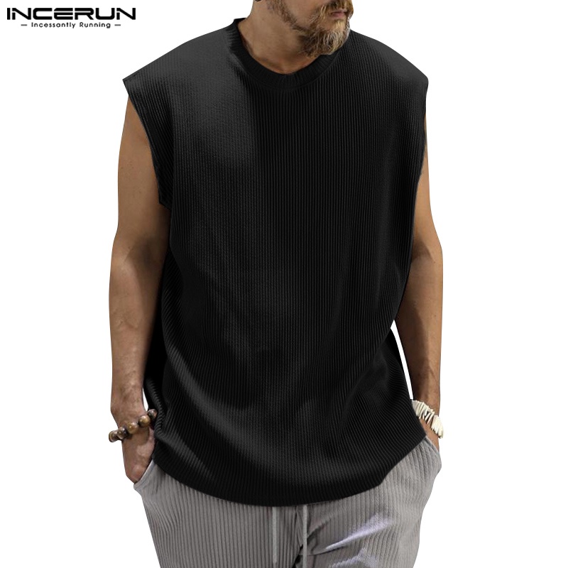 INCERUN Men's Fashion Round Neck Stripe Solid Sleeveless Tank Top ...