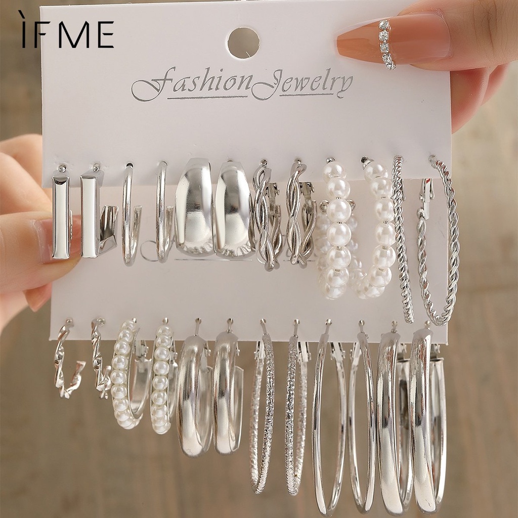 Silver Earrings Set Pearl Heart Crystal Metal Hoop Stud Earrings for ...