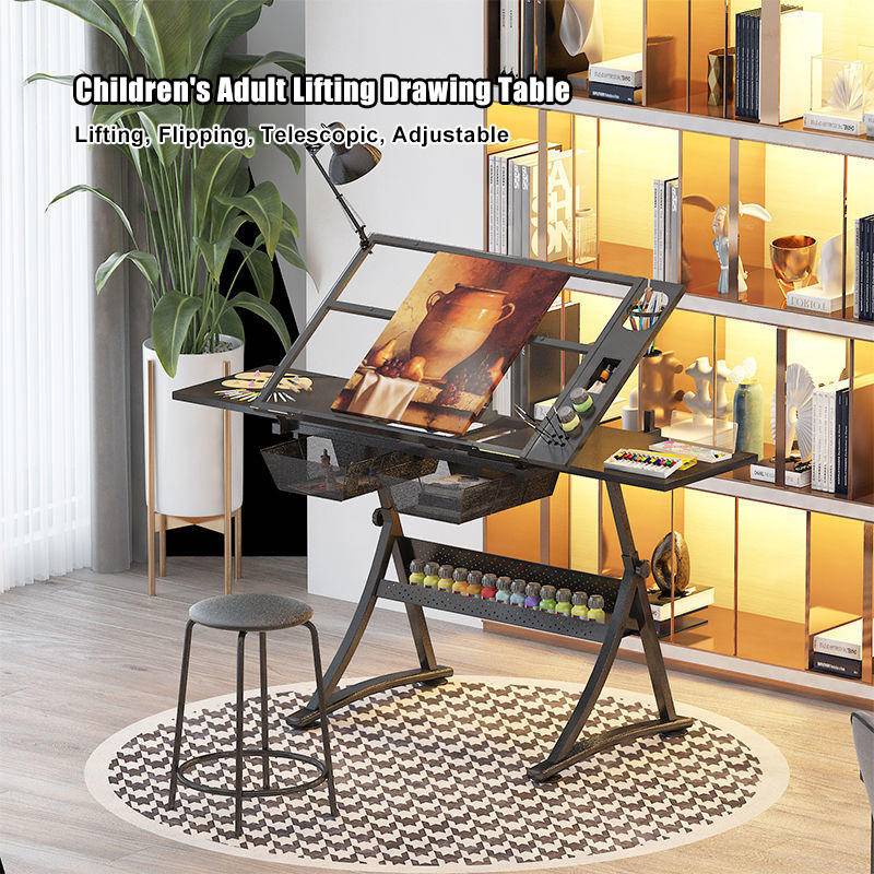 Drafting glass table with extra side table drawers and leather padded ...