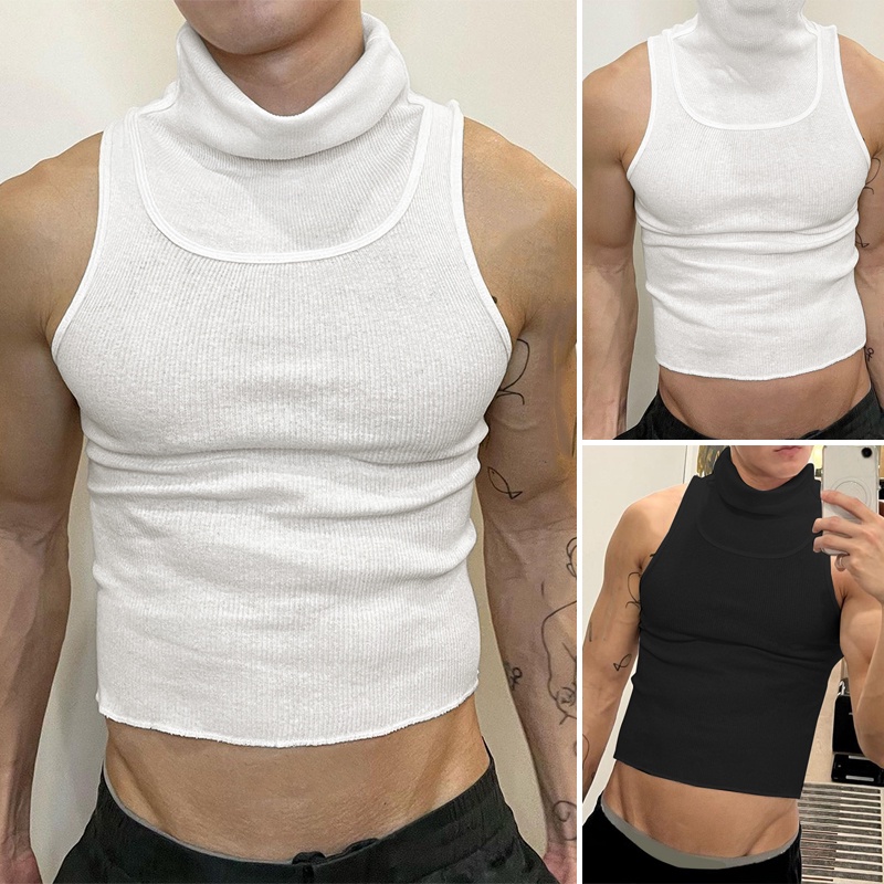 XMAN Men's Knitted Pit Striped High Neck Tight Tank Top | Shopee ...