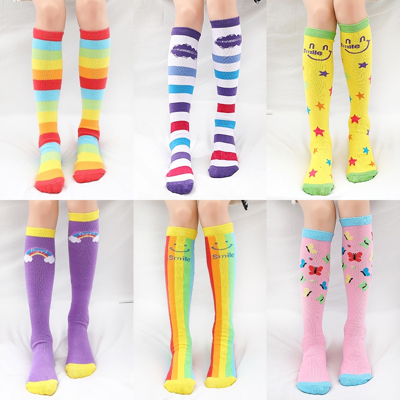3-12 Ages Girls Cotton Knee Socks Cute Rainbow Multi-color Children's ...