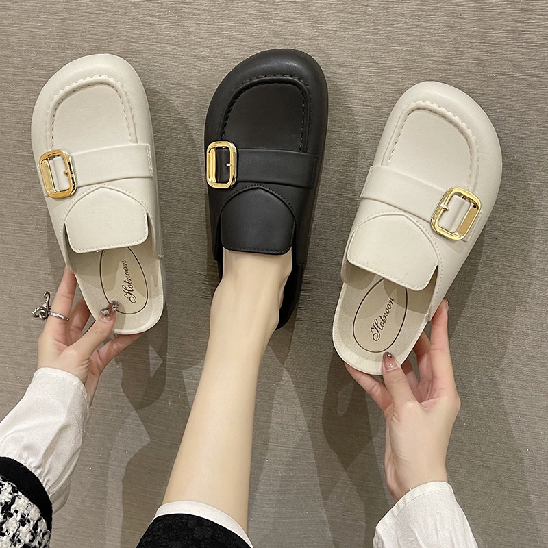 British Style Women's Flat Toe Half Slippers Retro Girls' White Shoes ...