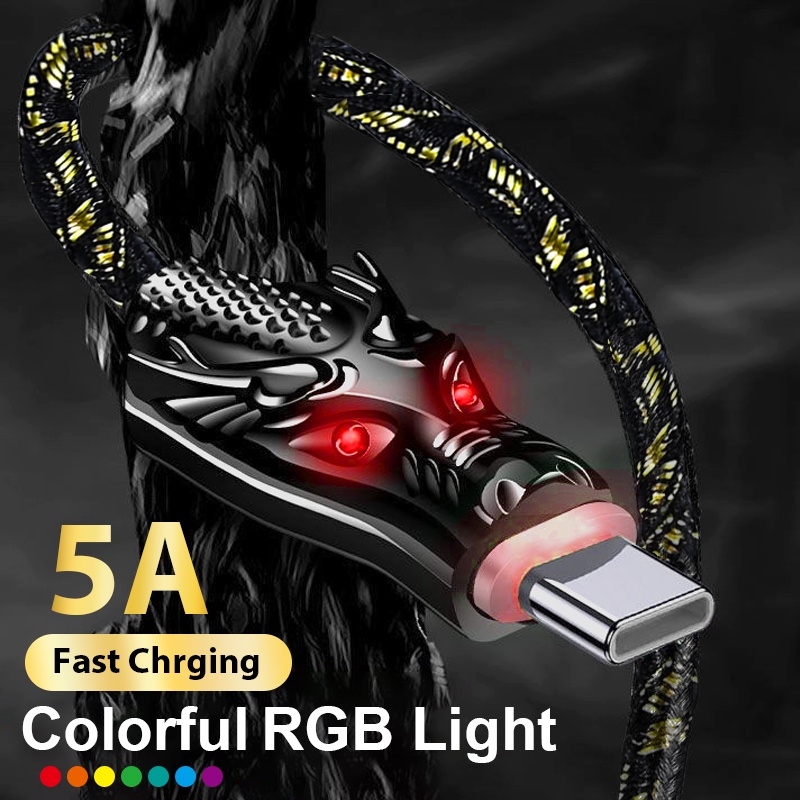 RGB LED Light USB Type C Cable Micro USB C 5A 3A Fast Charging Cord For ...