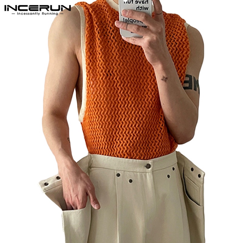 INCERUN Mesh Hollow Contrast Panel Knit Tank Top | Shopee Philippines