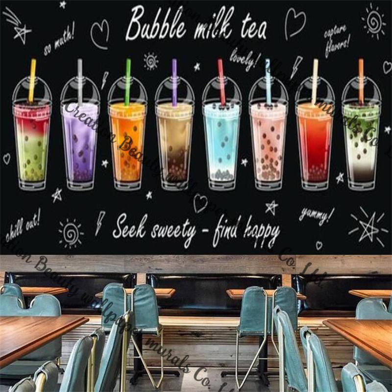 Custom Simple Black Background Wallpaper Milk Tea Shop Mural Bubble Tea ...