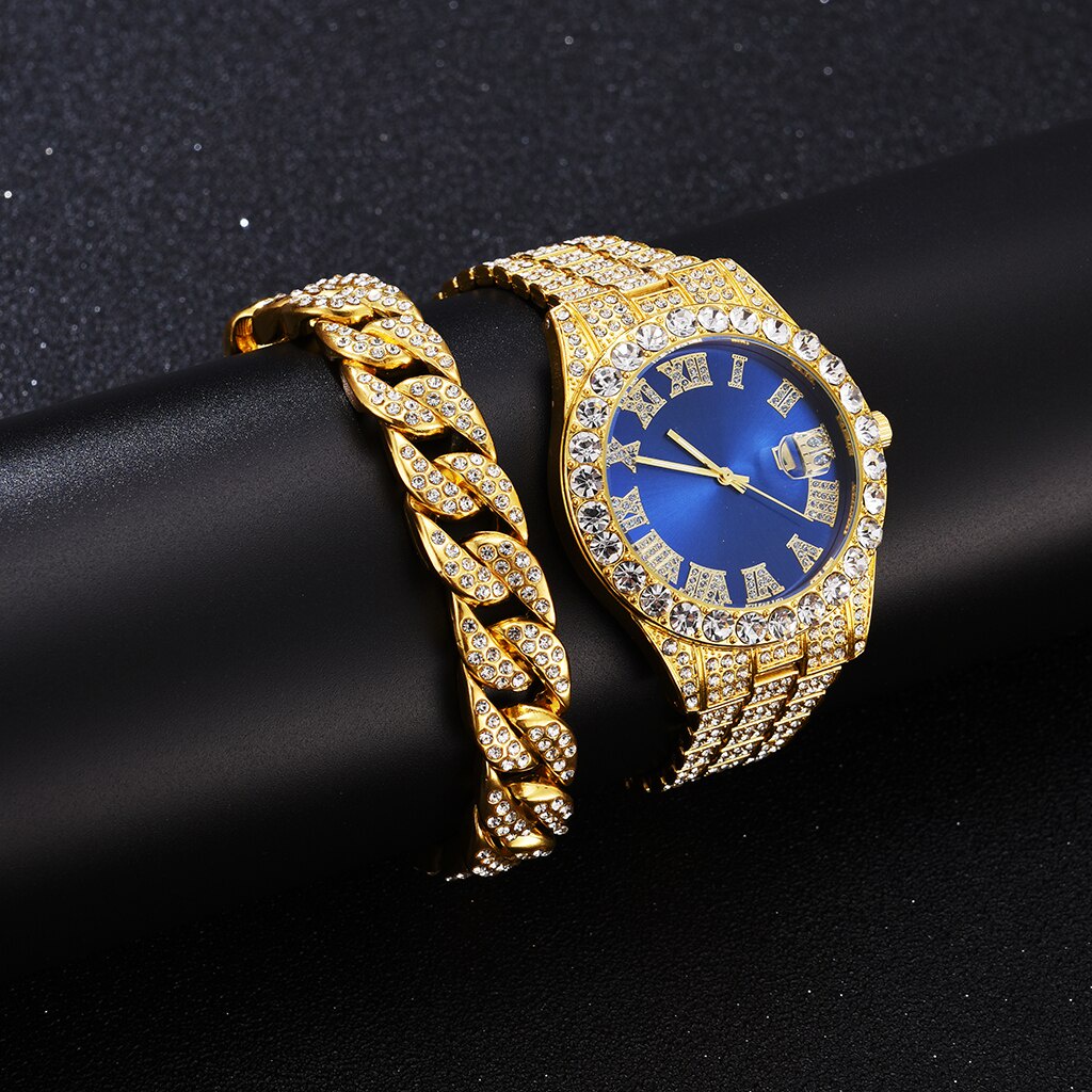 Men Luxury Brand Full Diamond Watch Bracelet Set AAA CZ Quartz Men's ...