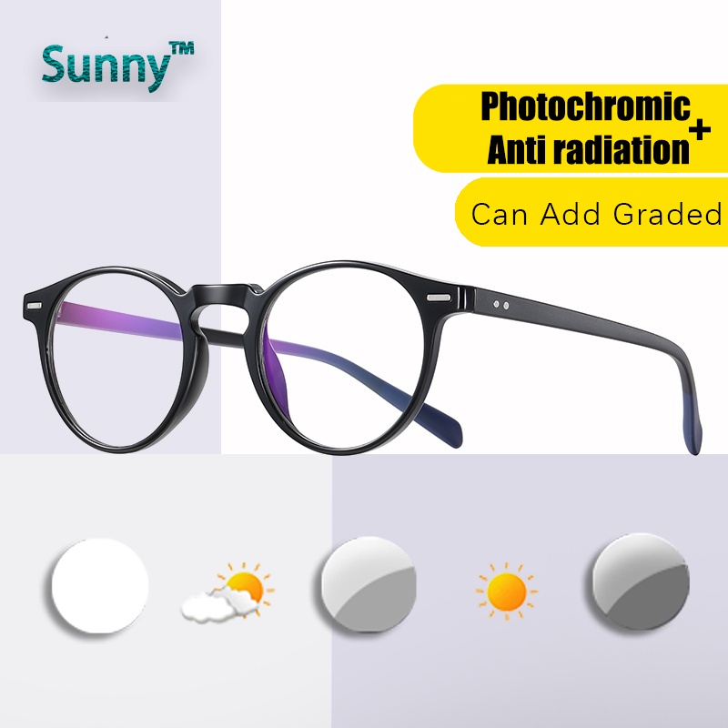 Sunny Photochromic Anti Radiation Eye Graded Glasses For Women Men Round Anti Blue Light ...