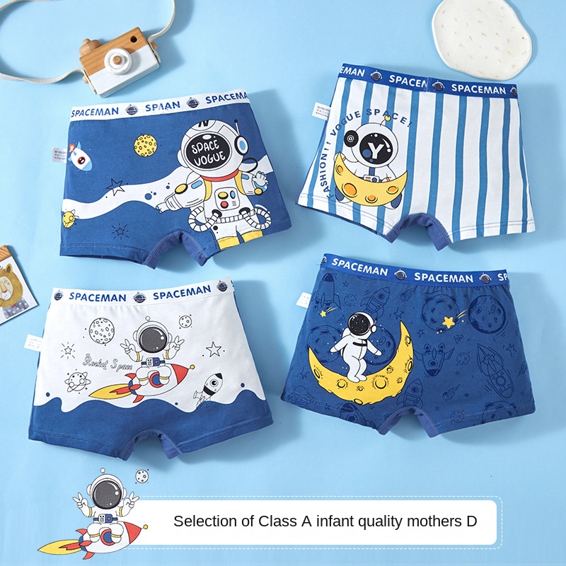 4 Pieces Pure Cotton Children's Underwear Boys Boxer Cartoon Baby Boxer ...