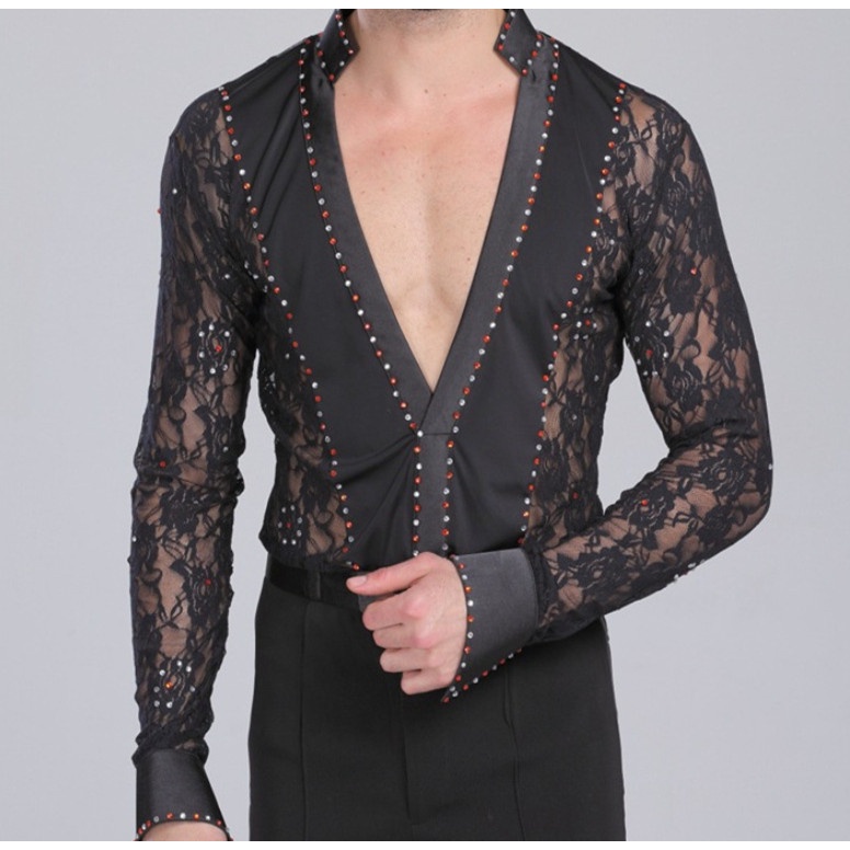 Men Latin Dance Costume Leotard Lace Waltz Ballroom Dance Latin Shirts ...