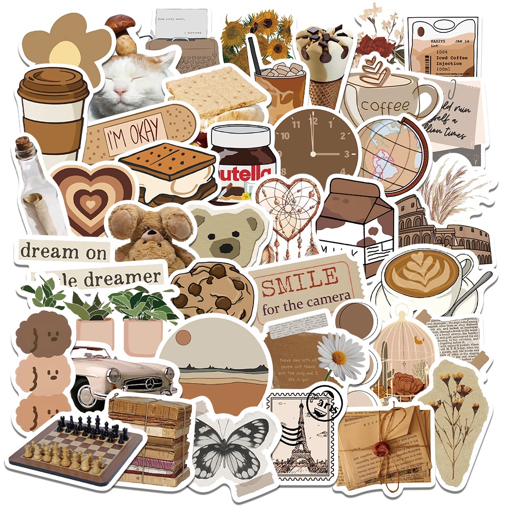 Stickers 60pcs 【Brown Series Aesthetic】 Retro Ins Art Graffiti Guitar ...