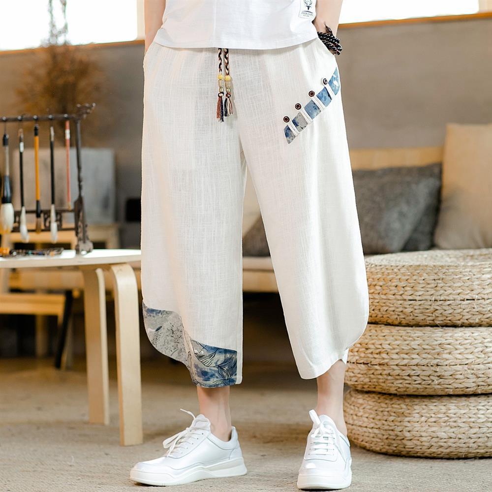 Summer Linen Cropped Pants Men's Shorts Thin Loose Carrot Pants Chinese ...