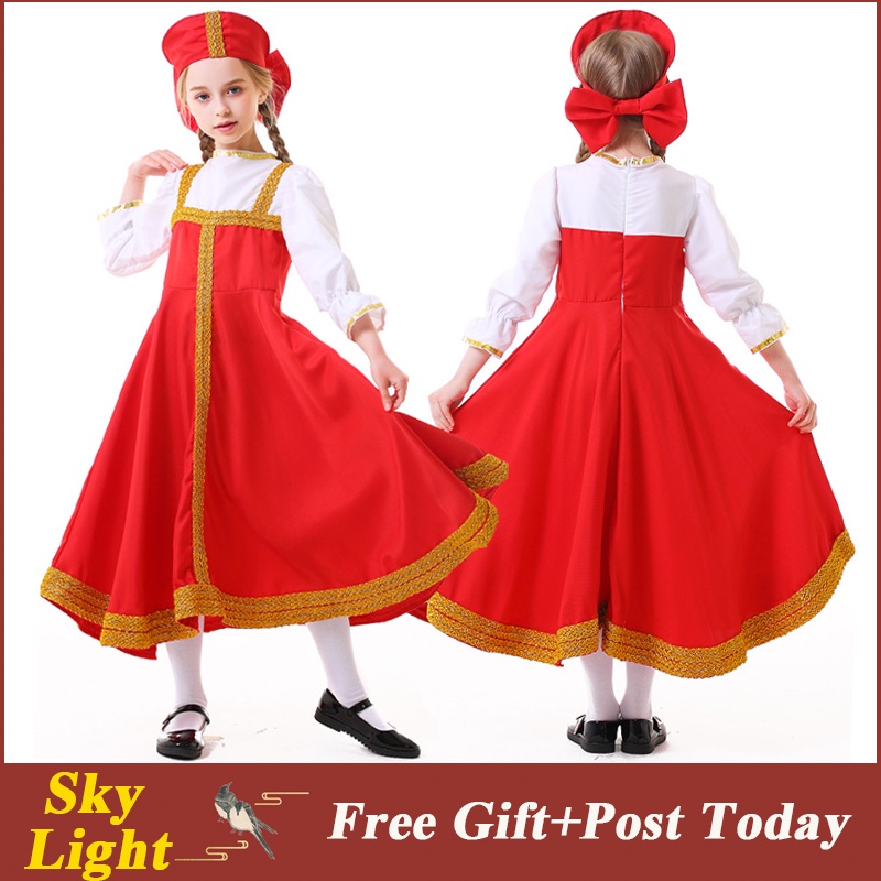 Traditional Russian Cosplay Costume Ukrainian Red Long Sleeve Dress For ...