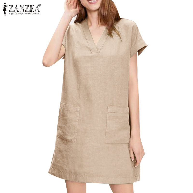 Zanzea Women Summer Casual Short Sleeve V Neck Pockets Solid Cotton A