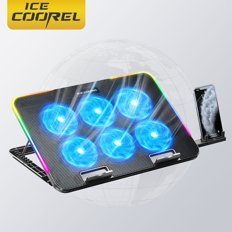 6 Fan Adjustable Foldable Laptop Cooler Pad Quiet Fans 9"-18" RGB Light ...