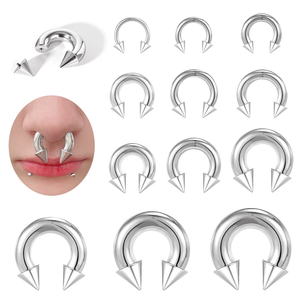 1 PC 00/0/2/4/6/8G Spike Horseshoe Nose Ring Stainless Steel Septum ...