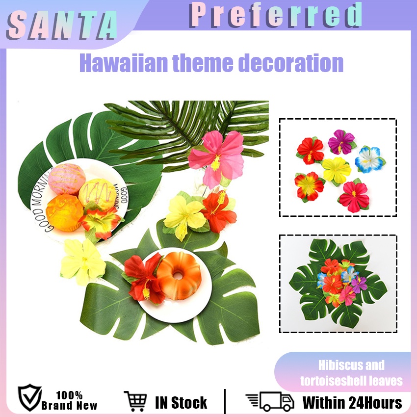 30pcs Tropical Leaves and 30pcs Hibiscus Flowers Decorations for ...