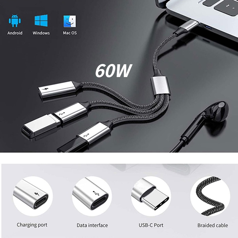 PD 60W Charge Data Cable HUB 3 in 1 Dock 3 Ports Splitter For Macbook ...
