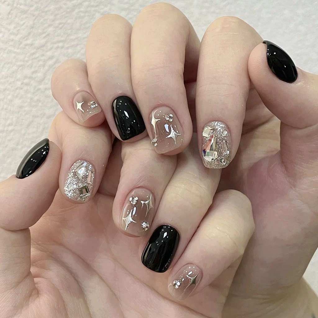 [HANDMADE]Artificial Nail Black Slash Diamond 4-pointed Star Short ...