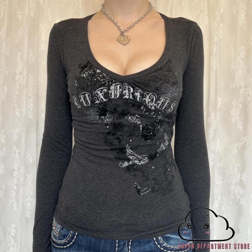 SUPER-Y2K Slim Fit T-shirt Vintage E-girl Gothic Skinny Long Sleeve Pullovers Top Harajuku Mall ...