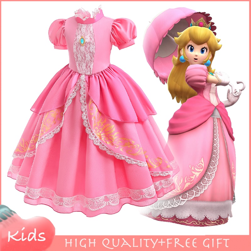 Super Mario Princess Peach Dress For Kids Girl Lace Pink Gown For Kids ...