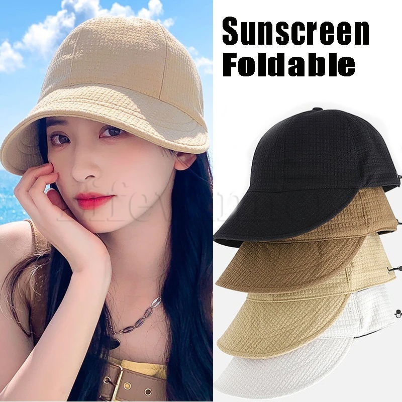 Sun Protector Waffle Beach Bucket Hats Outside Drawstring Wide Brim ...