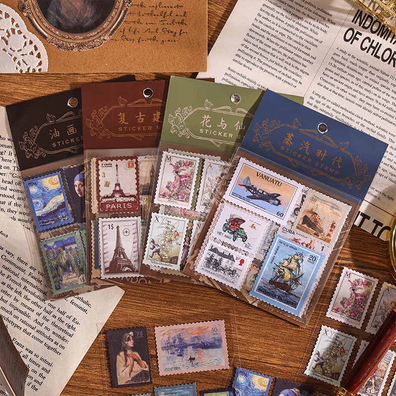 4 Sheets Vintage Stamp Series Stickers Pack Literary Scrapbook Deco DIY ...