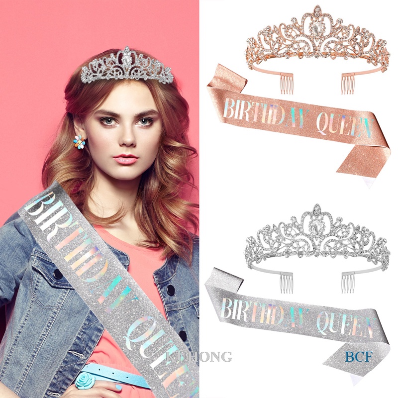 KUHONG Happy Birthday Sash Crown Set Ribbons Shoulder Girl Princess ...
