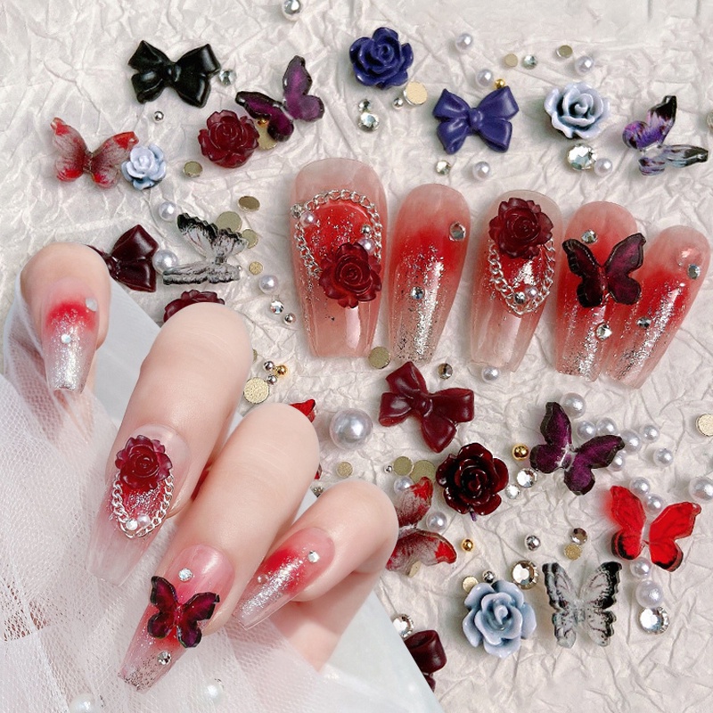Rose Red Resin Flower Nail Charms Metal Chain Pearl Butterfly Bead Nail ...