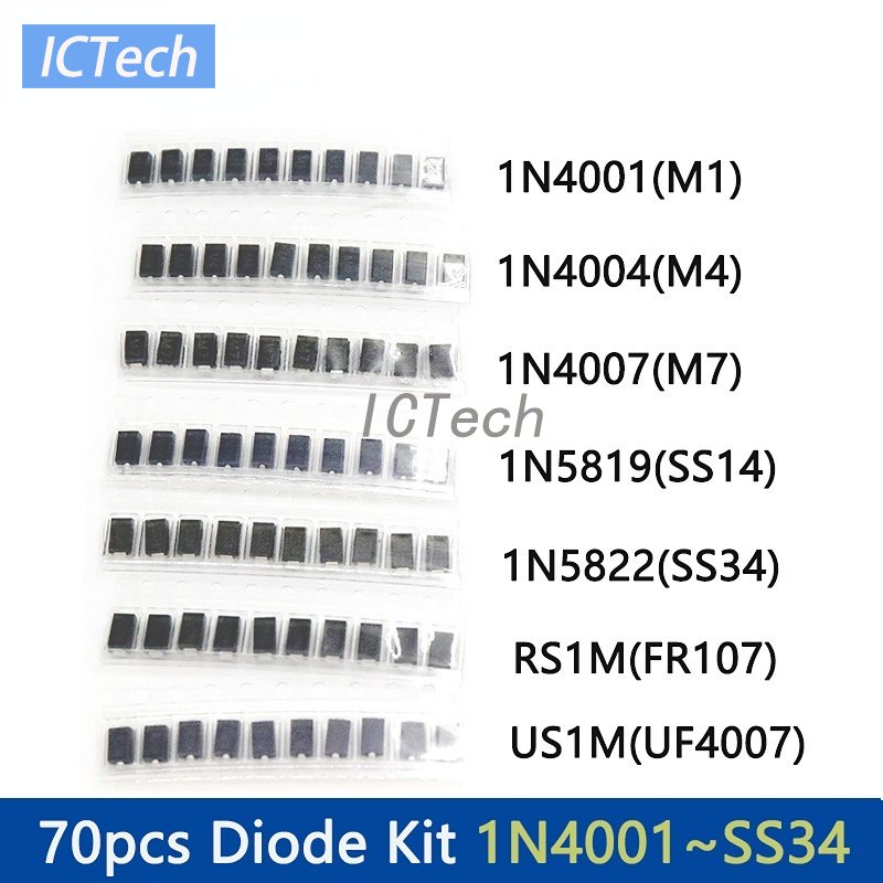 70Pcs 1N4007 M7 1N4001 M1 1N4004 M4 SS14 US1M RS1M SS34 SMD Diodes Set ...