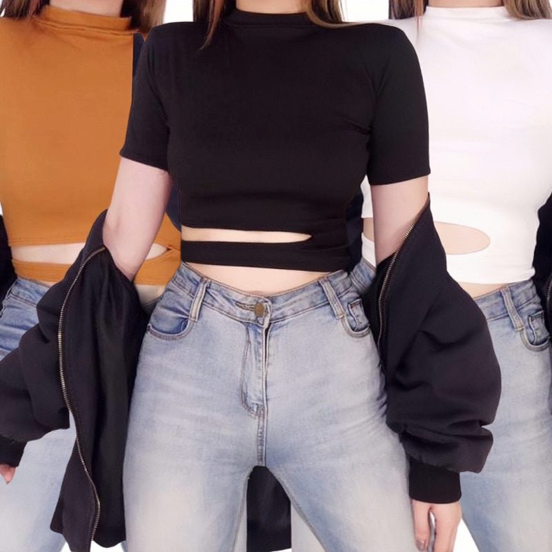SC 99SaleShop Louise Basic Round Neck T-shirt Top with Open Slit Cut ...