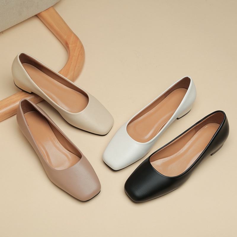 Women's Low Heels 1inch Leather Square Toe Chunky Block Heels Ladies ...