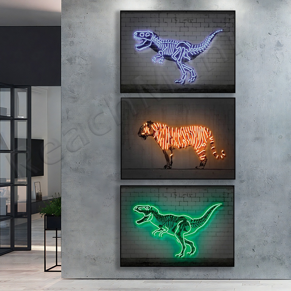 Dinosaur, Tiger, Zebra Animal Print,Neon Effect Canvas Poster ...