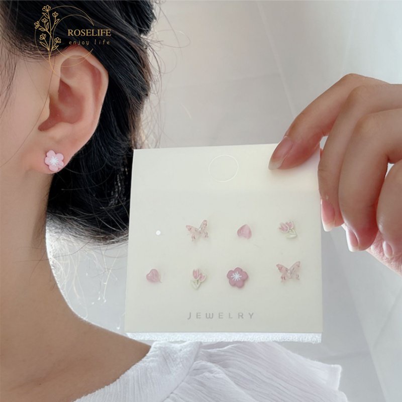 Roselife 8PCs Lovely S925 Silver Blue Pink Butterfly Sakura Stud Earring Set for Women Girls ...