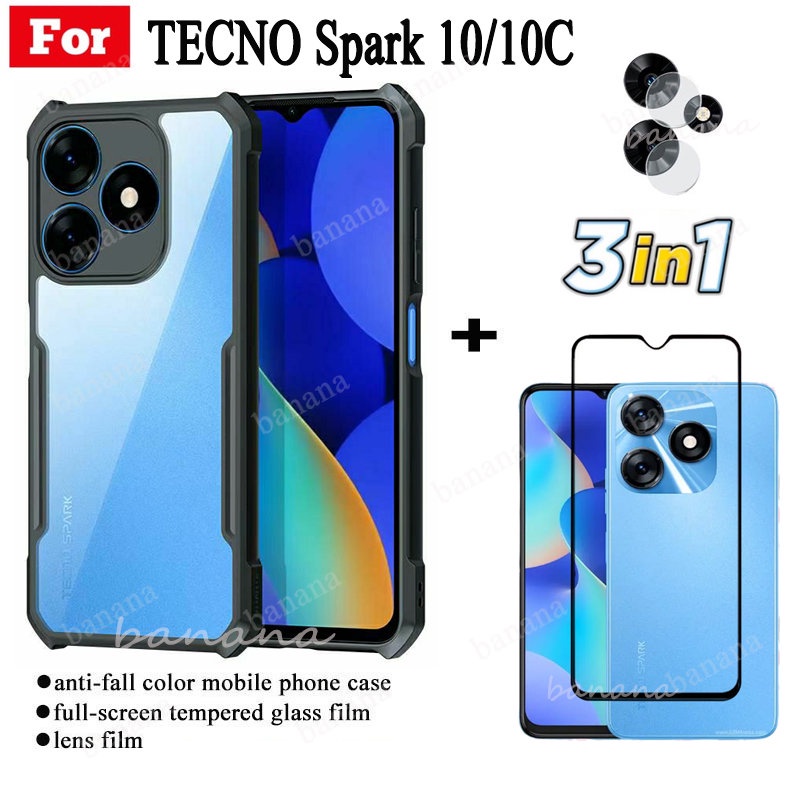 3in1 Tecno Spark 10 4G anti-fall mobile phone case + Spark 10C spark10 Pro tempered glass film ...