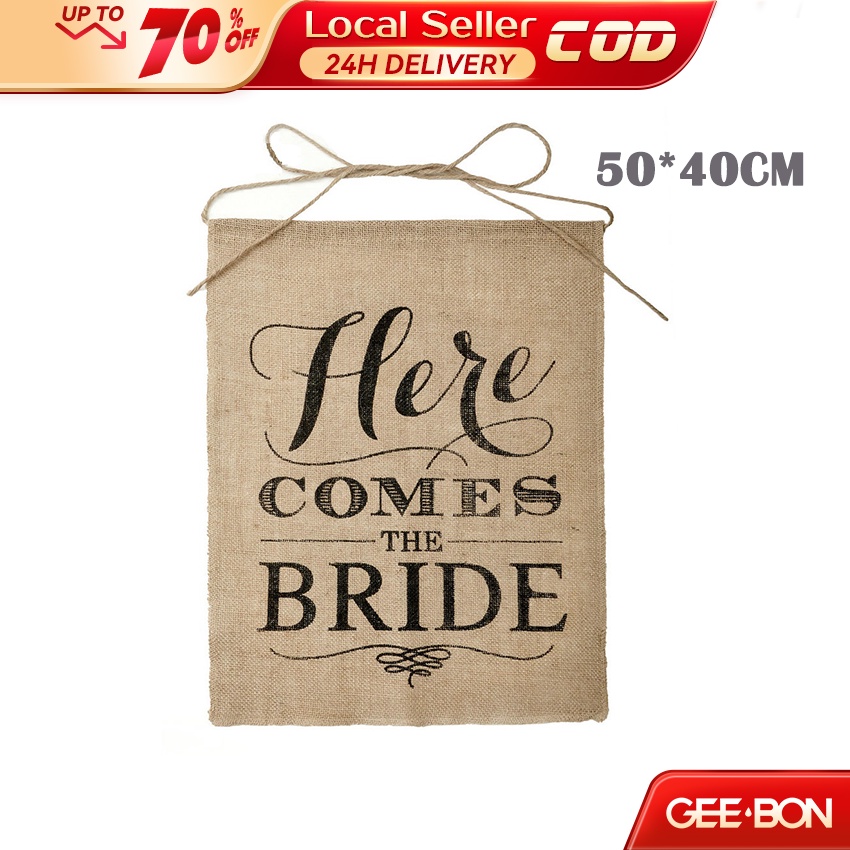 GEEBON Burlap Banner Here Comes The Bride Sign Wedding Ceremony Flag ...