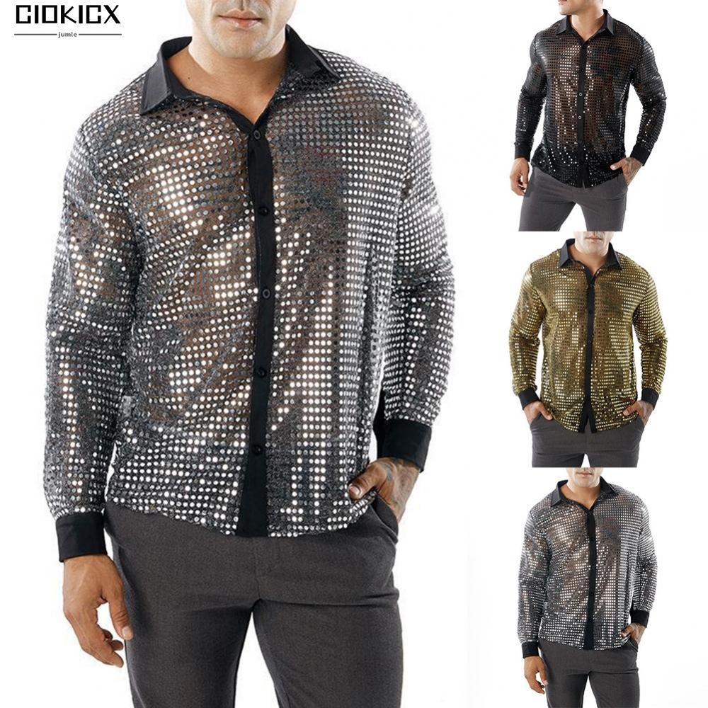 Men Sequined Shirt Retro 70s Disco Sequins Shirt Sparkly Dance Long Sleeve | Shopee Philippines