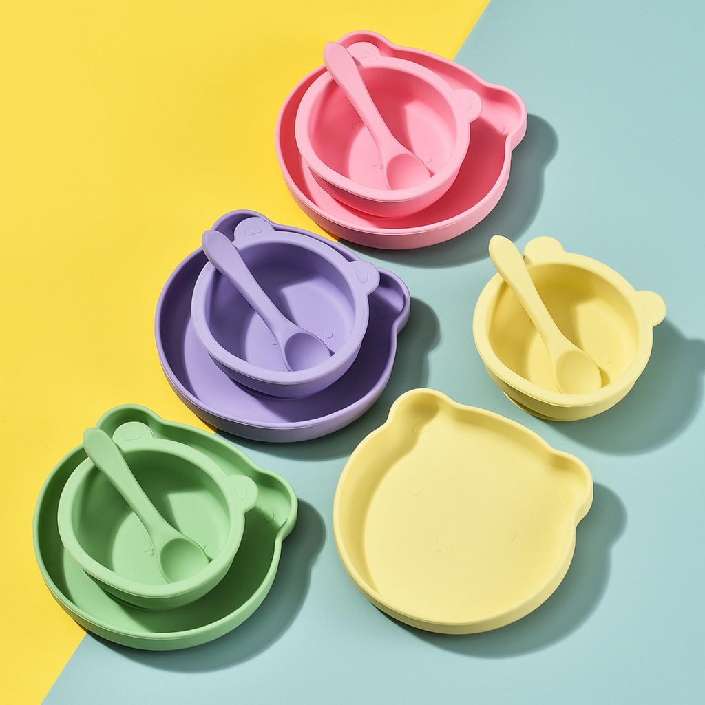Kids Silicone Bowl Cute Little Bear Integrated Dinner Plate Baby Learning Tableware with Suction ...