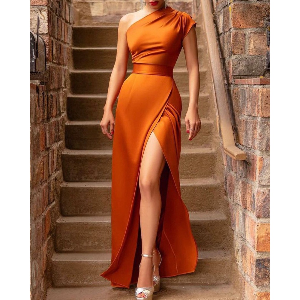 Elegant Women One Shoulder Satin High Split Maxi Dress Fashion ...