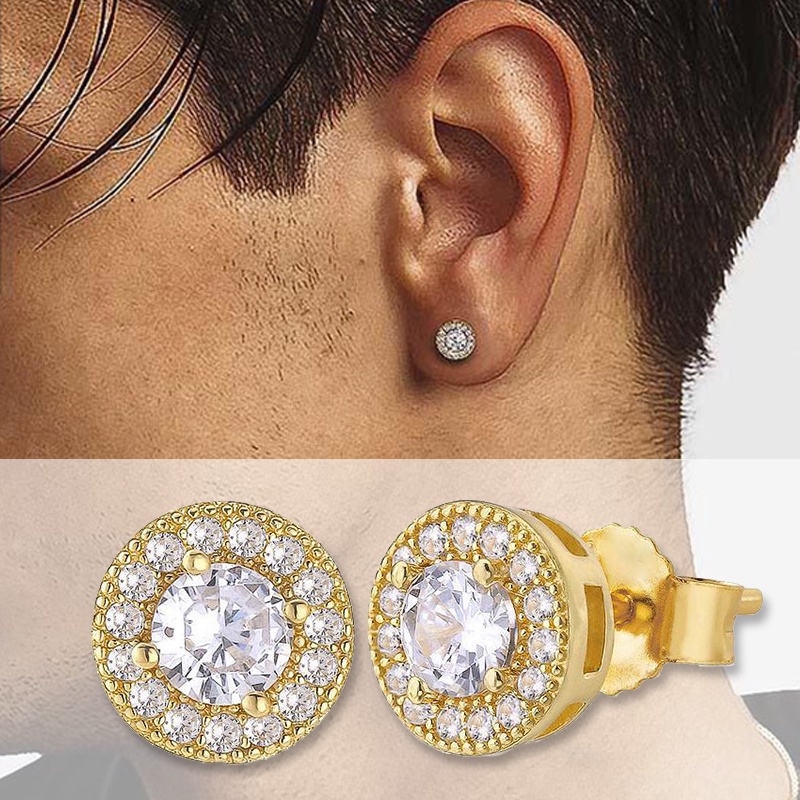 Simple Round Earrings for Men Hip Pop Rock Classic Cubic Zirconia Gold ...