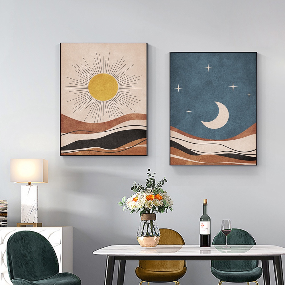 Sun Moon Poster Boho Landscape Canvas Painting Abstract Mountain Art ...