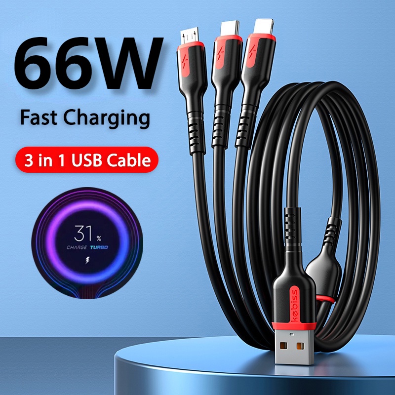 3 in 1 66W 6A USB Type C Cables Multiple Port Quick Charge Data Line ...