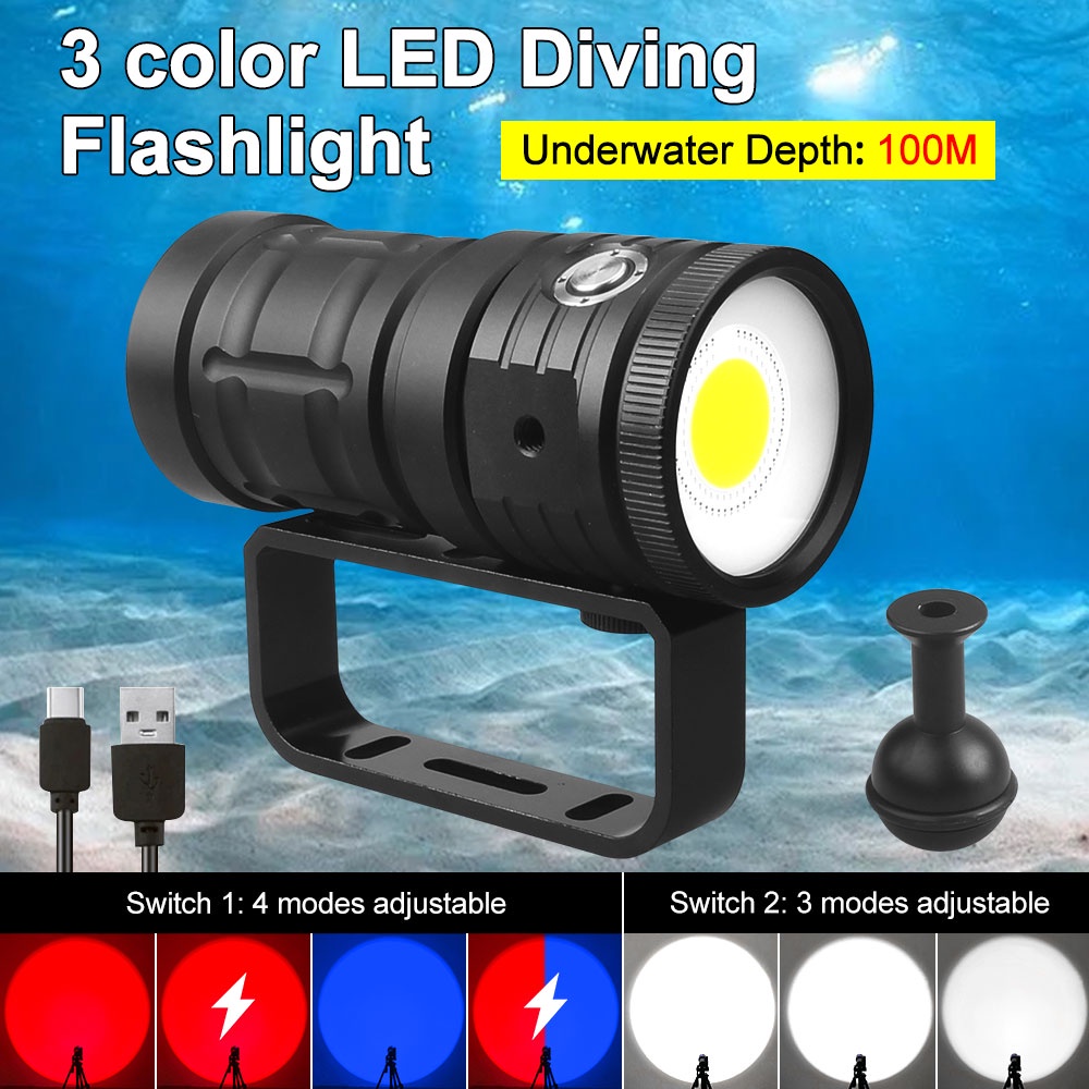 20000LM Powerful Scuba Diving Flashlight COB LED IPX8 100m Underwater ...