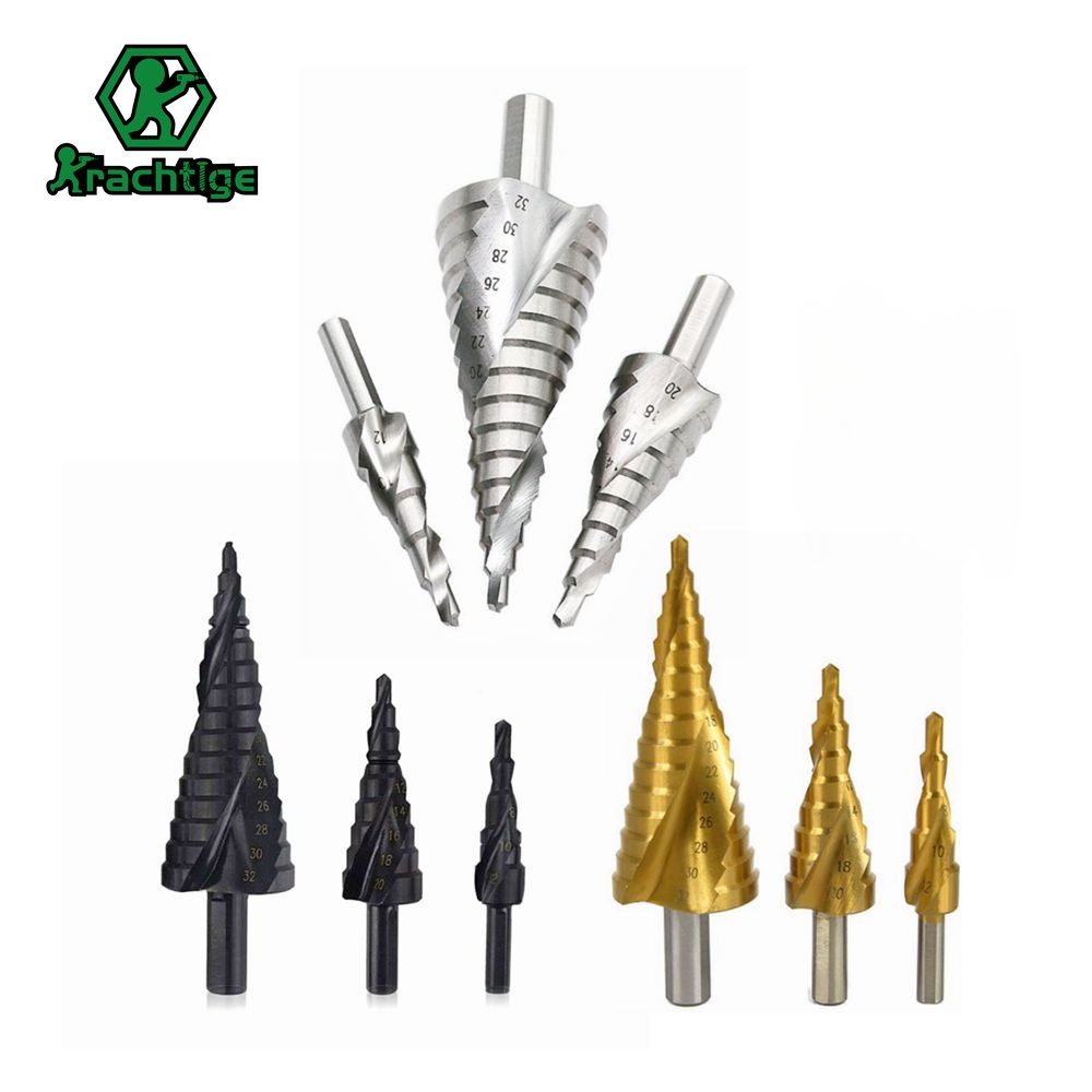 Krachtige 3Pcs Spiral groove step drill bit 4-12/4-20/4-32mm drill bit for cutting steel plate ...