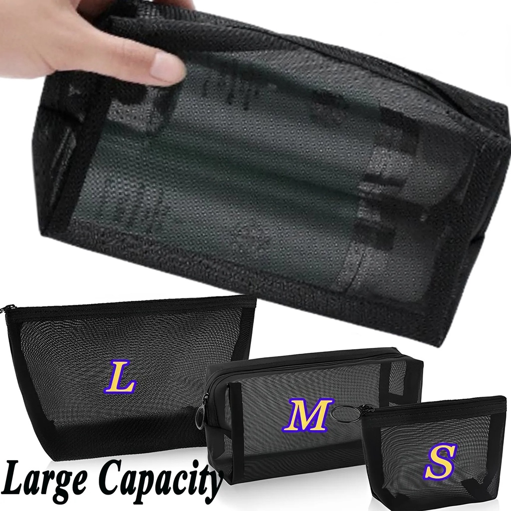 Black Mesh Transparent Cosmetic Bags/Portable Travel Toiletry Organizer ...