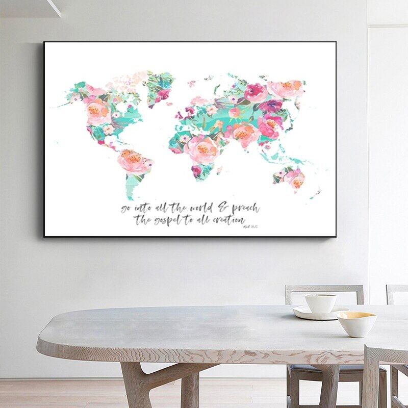 World Map Printed Mark : Bible Verse Watercolor Floral Home Wall Canvas ...