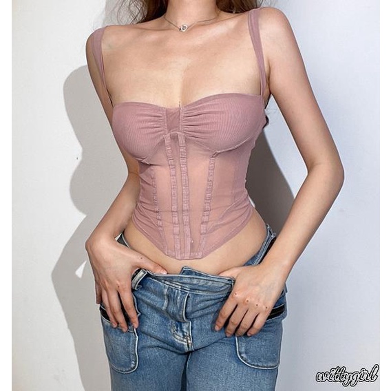 WITTY-Women´s Corset Tank Tops, Sleeveless Ruched Front Solid Color Boned Mesh Bustier | Shopee ...