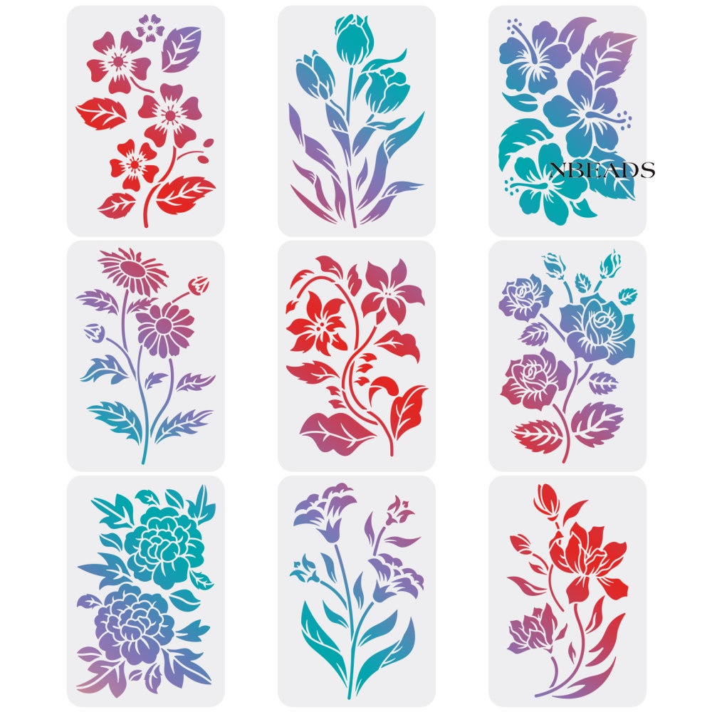 1Set 9pcs Flower Stencils for Painting 29.7x21cm Flower & Leaves ...